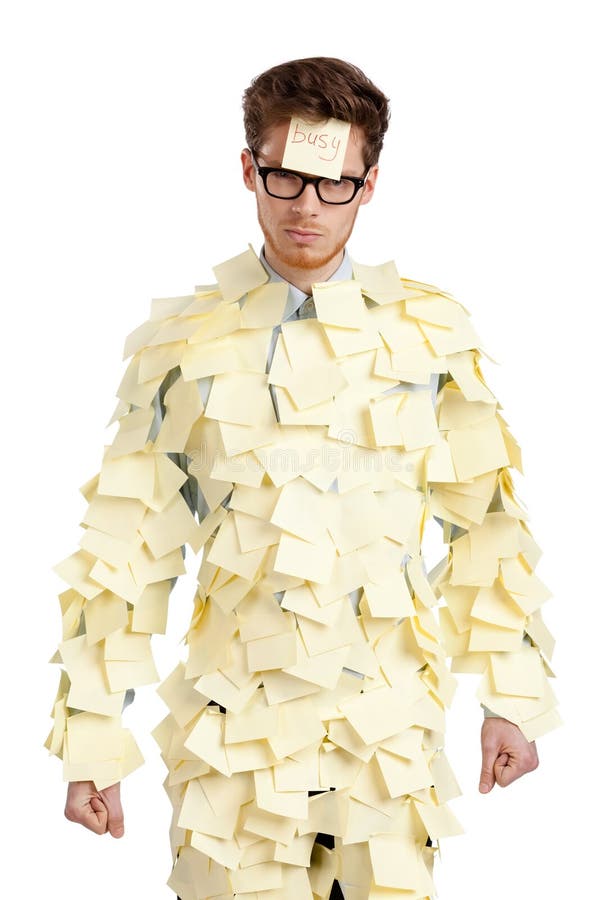 Young Man with a Sticky Note on His Face, Covered with Yellow Stickers ...