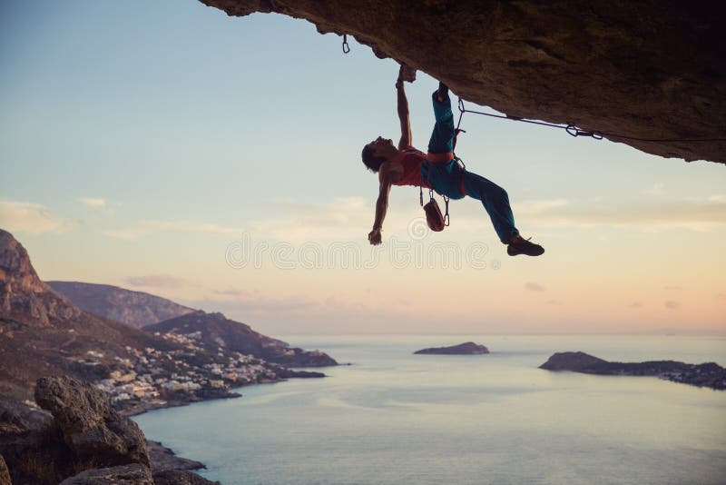 Rock Climbers in Cave: Leading Climber Swinging on Rope after Falling ...