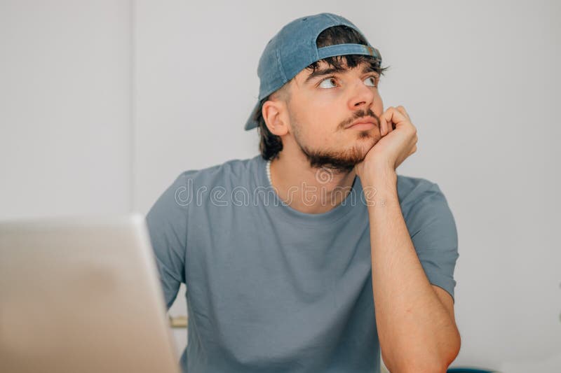 Young Man or Student at Desk with Computer Stock Photo - Image of ...