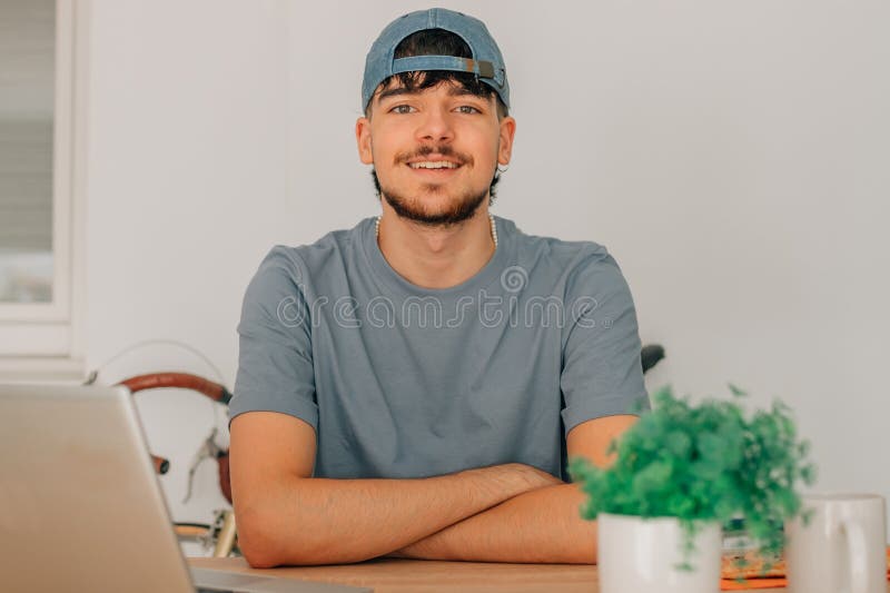 Young Man or Student at Desk with Computer Stock Photo - Image of ...
