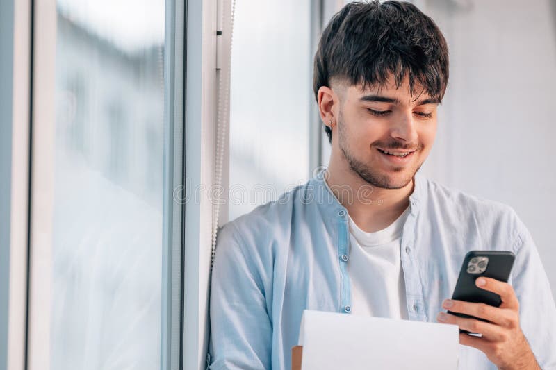 Young Man or Student with Mobile Phone Stock Image - Image of ...