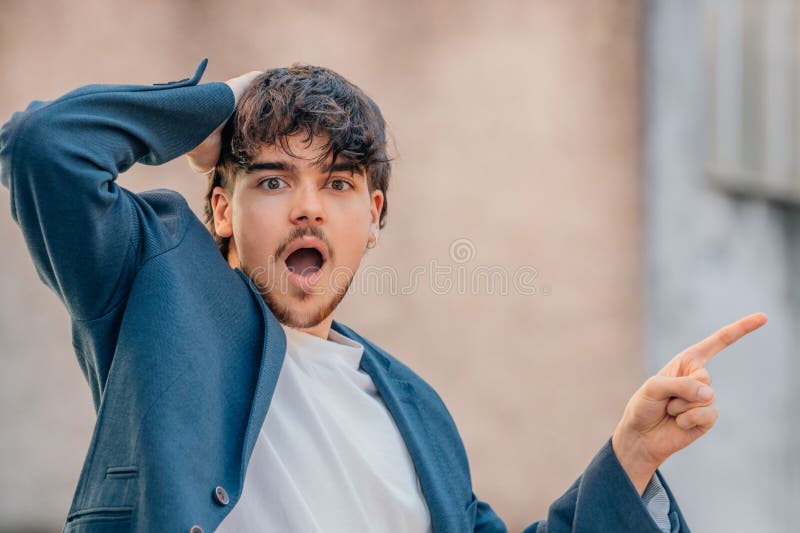 Man or Student Pointing Surprised Stock Photo - Image of reaction ...