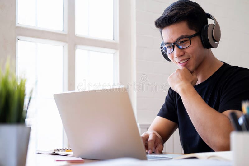 Young Man Student Study at Home Using Laptop and Learning Online Stock ... Young Man Student Study at Home Using Laptop and Learning Online Stock ...