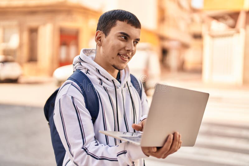 Young Man Student Using Laptop Standing at Street Stock Image - Image ...