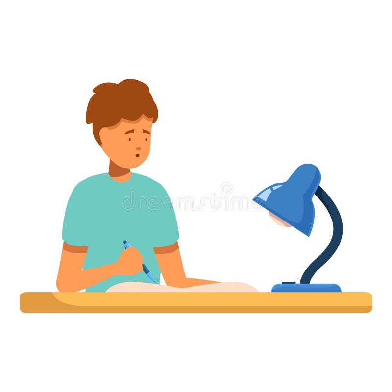 Young Man Studying Late at Night with Desk Lamp Stock Illustration ...