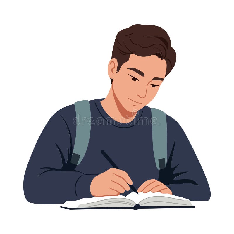 Young Man Studying with a Notebook and Pen in a Flat Vector ...