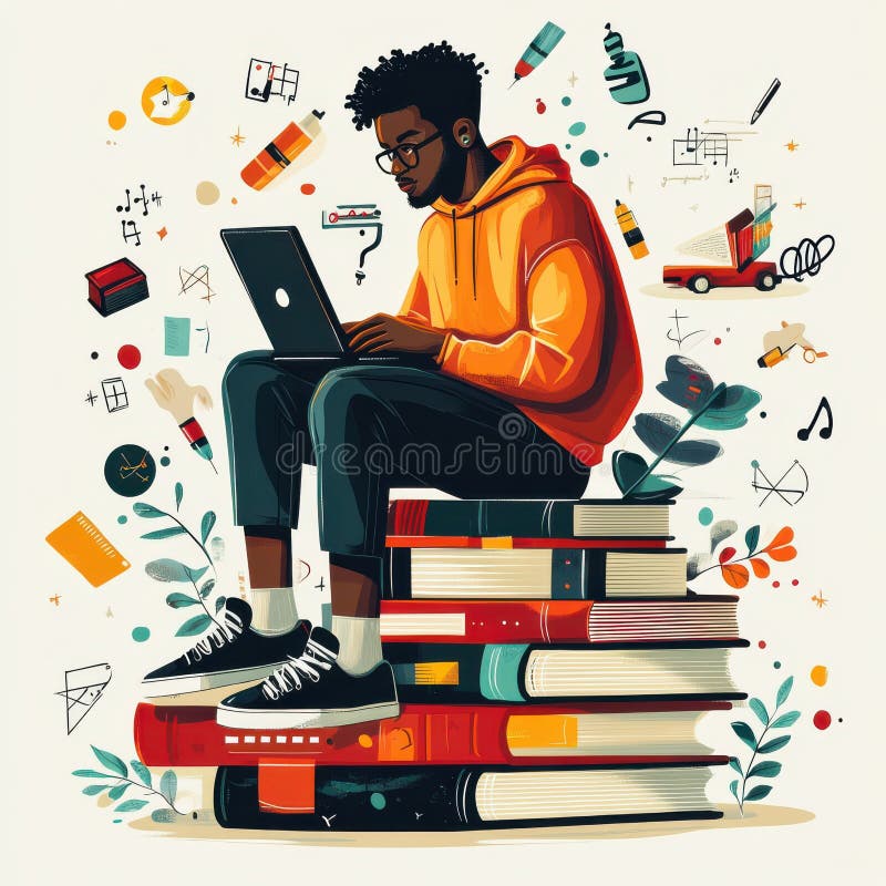 Young Man Studying on a Stack of Books Using Laptop Digital Art ...