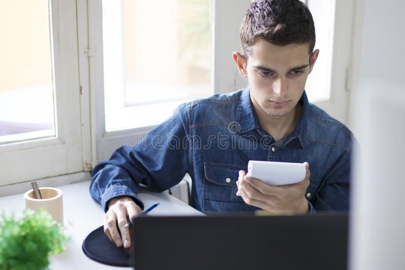 Man Studying and Working with the Computer Stock Image - Image of book ...