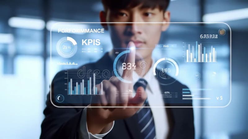 Young Man in Suit Interacts with Augmented Reality Interface Futuristic ...