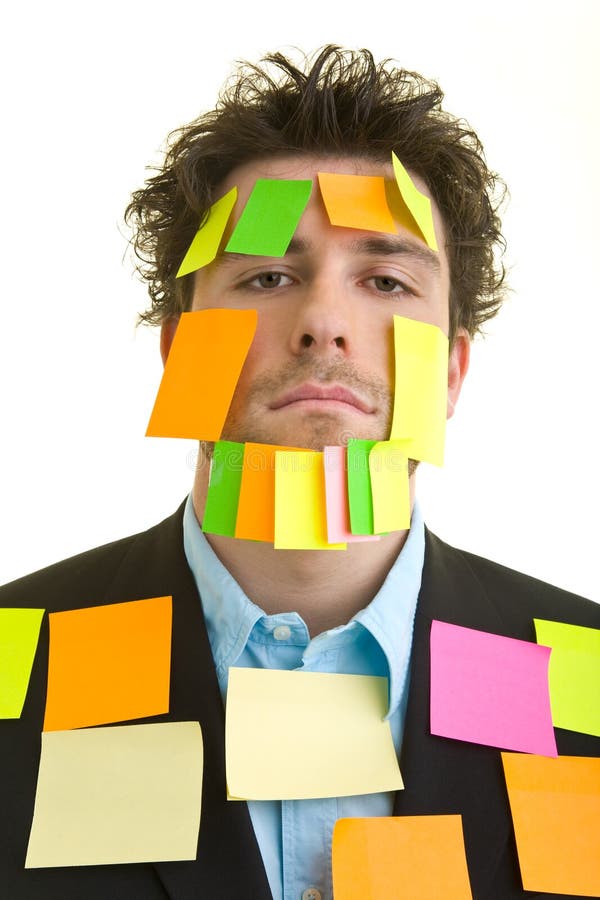 Young Man with Sticky Note on Forehead Stock Photo - Image of business ...