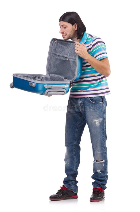 Young Man with Suitcase Isolated on White Stock Image - Image of ...