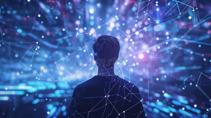 Young Man Surrounded by Blue Digital Network Stock Image - Image of ...