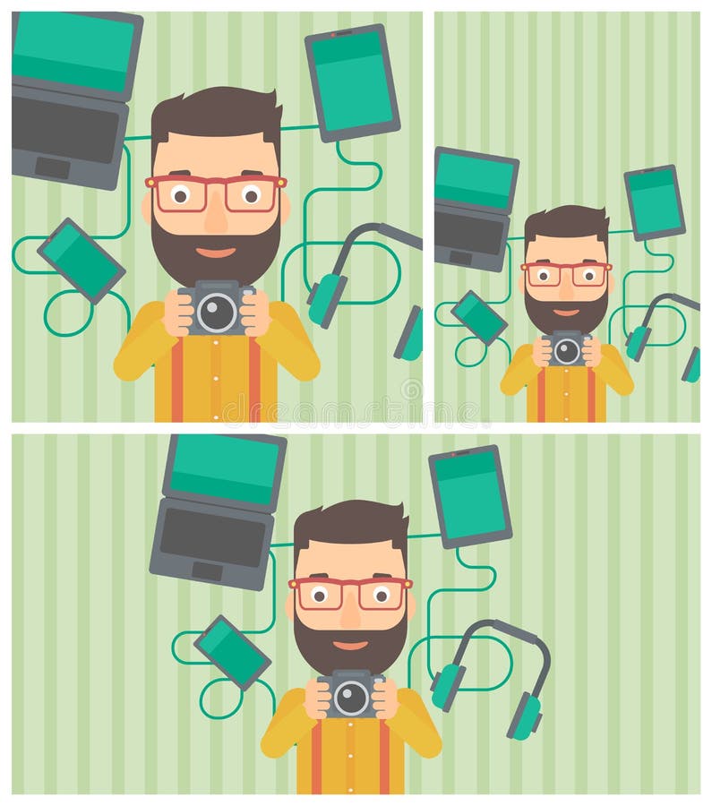 Young Man Surrounded with His Gadgets. Stock Vector - Illustration of ...