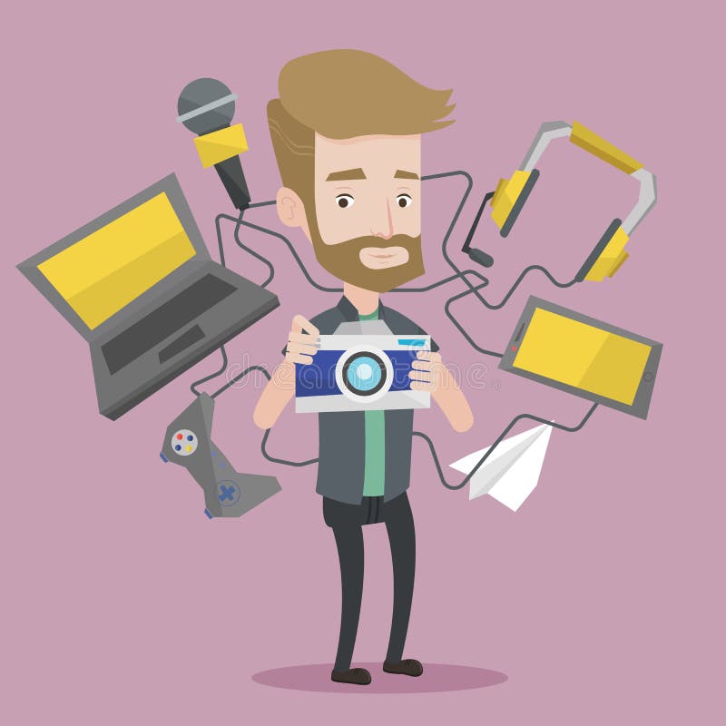 Young Man Surrounded with His Gadgets. Stock Vector - Illustration of ...