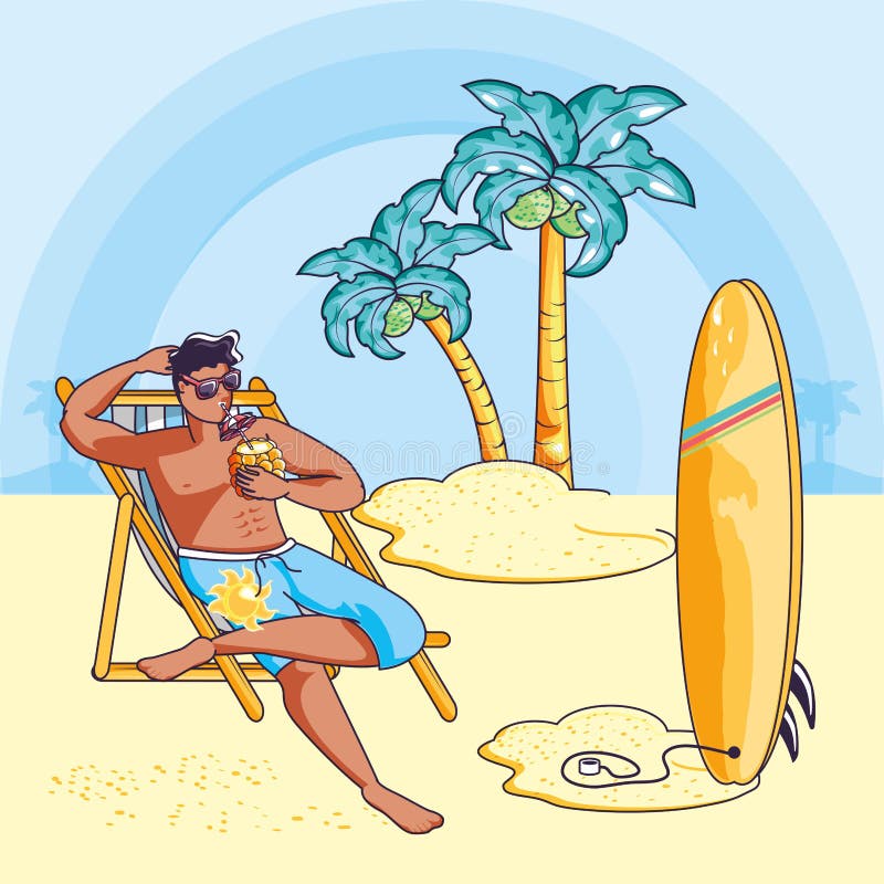 Young Man with Swimsuit in Beach Summer Vacation Stock Illustration ...