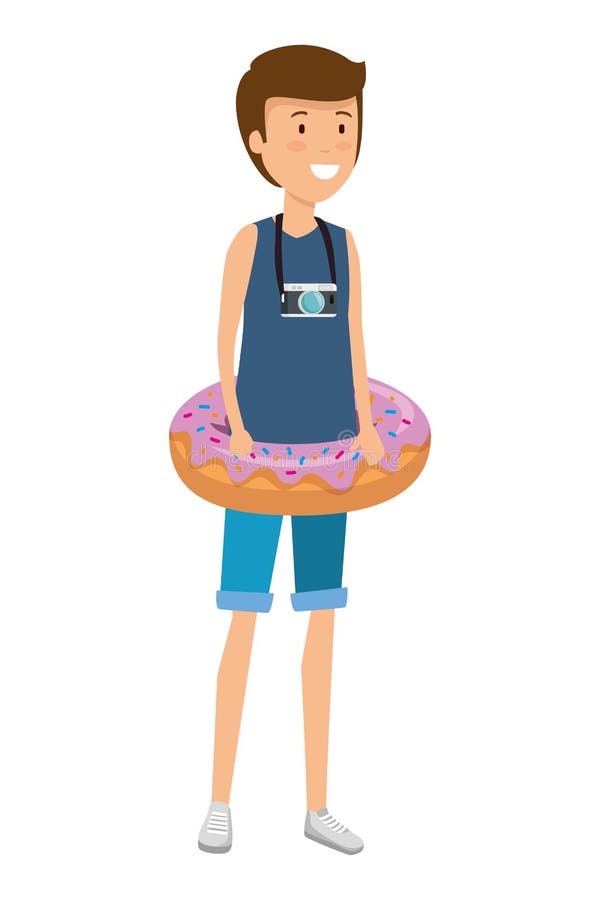 Young Man with Donut Float and Balloon Beach Stock Illustration ...