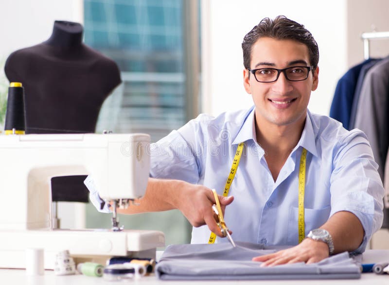 Young Man Tailor Working on New Clothing Stock Image - Image of black ...