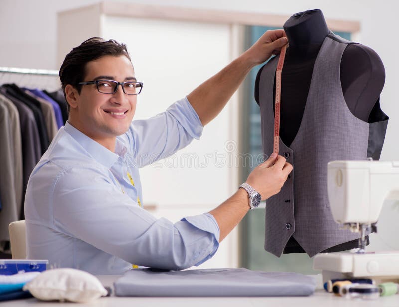 Young Man Tailor Working on New Clothing Stock Image - Image of figure ...