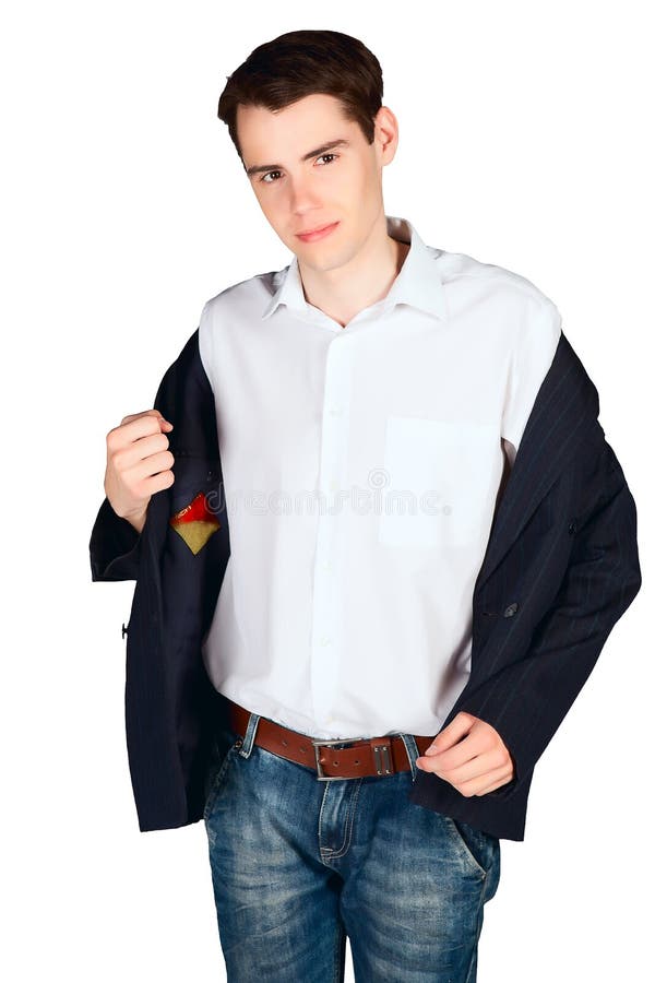 Young Man Takes Off His Jacket Stock Image - Image of people, picking ...