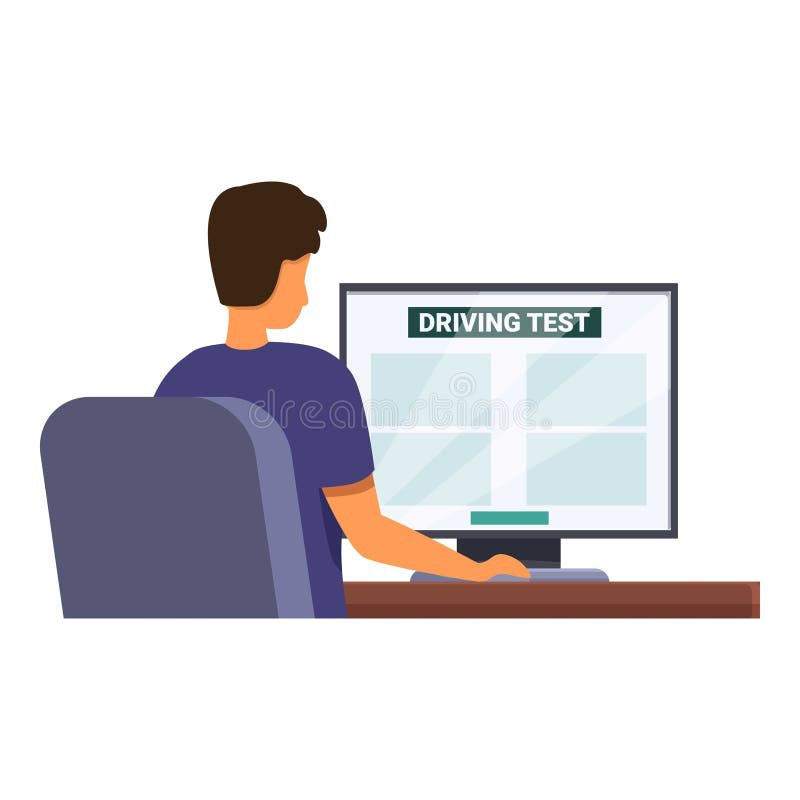 Young Man Taking Driving Test on Computer at Driving School Stock ...