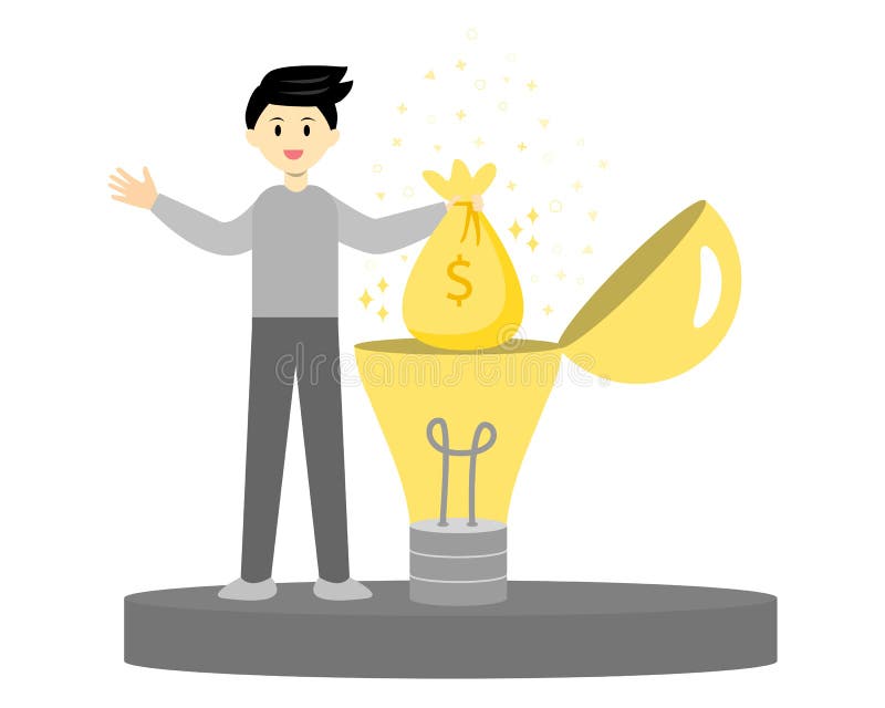 Young Man Taking Money Bag Out of Light Bulb. Creative Can Make Money ... Young Man Taking Money Bag Out of Light Bulb. Creative Can Make Money ...