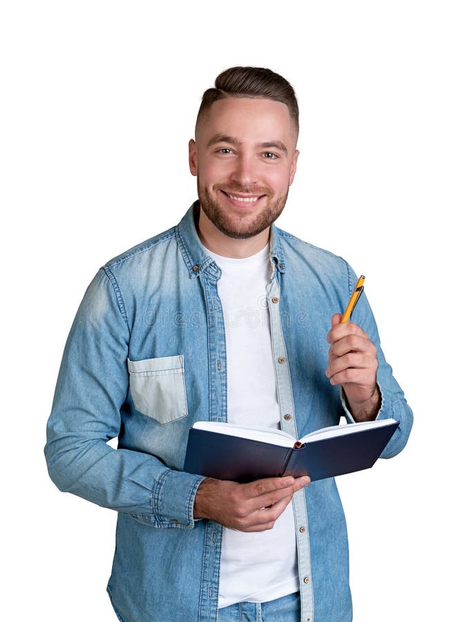 Young Man Taking Notes and Smiling, Isolated Over White Backgrou Stock ...