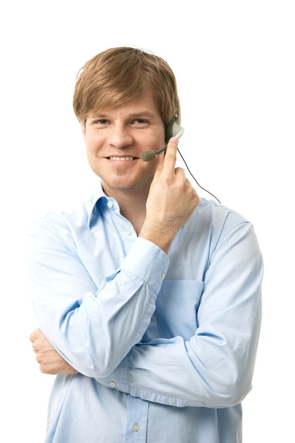 Young Man Talking on Headset Stock Photo - Image of headphone, chat ...