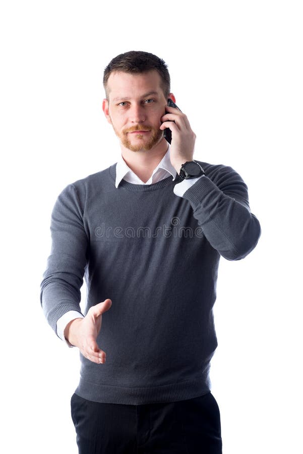 Young Man Talking on Phone and Reaching Out Hand Stock Image - Image of ...