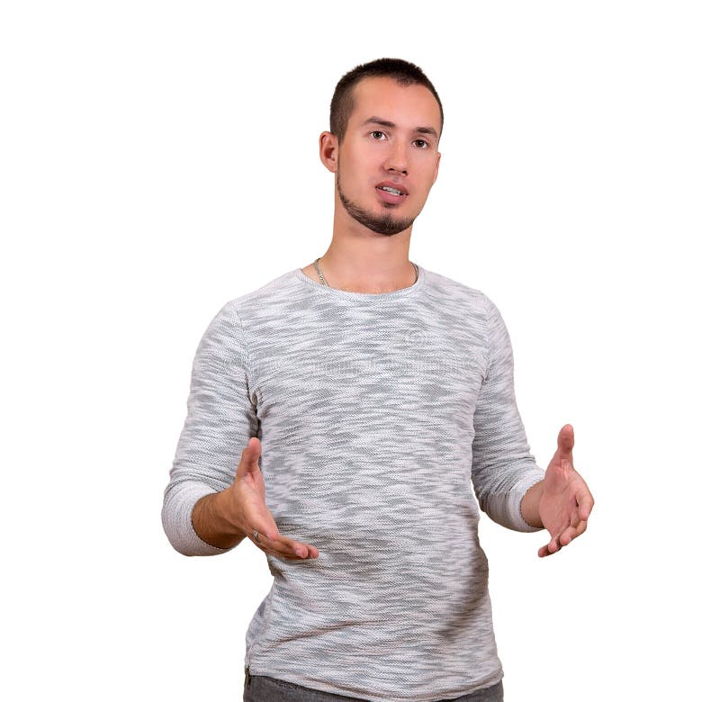 Young Man Explains Something, Isolated on a White Background Stock ...