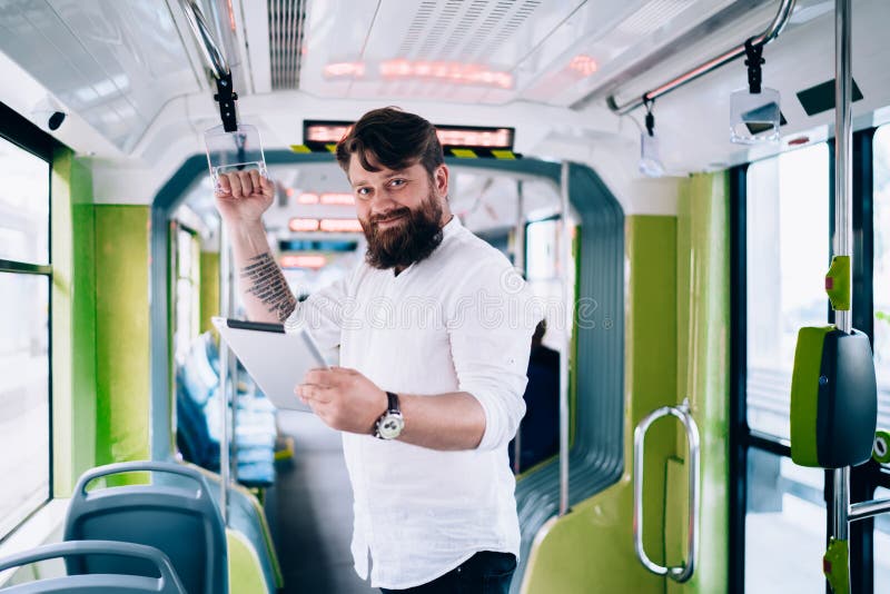 Young Man Text Messaging on Tablet in Bus Stock Image - Image of urban ...