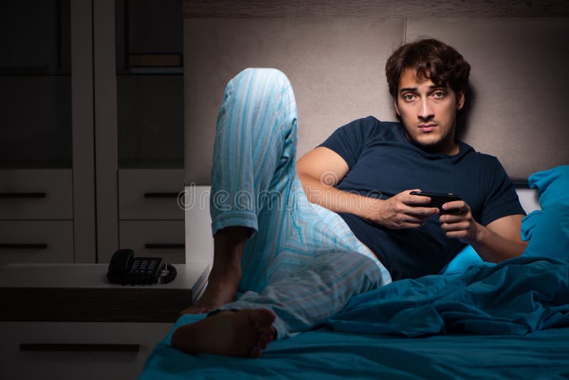 The Young Man Texting on Mobile Late at Night Stock Photo - Image of ...