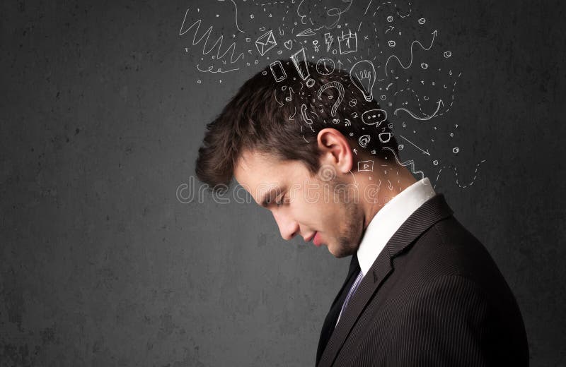 Young Man Thinking with Abstract Lines and Symbols Stock Image - Image ...