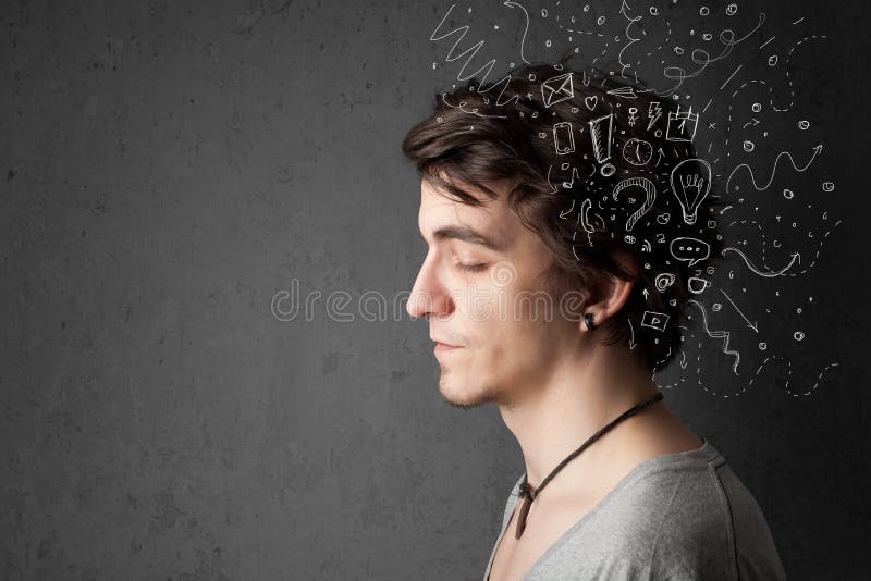 Young Man Thinking with Abstract Lines and Symbols Stock Photo - Image ...