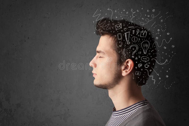 Young Man Thinking with Abstract Lines and Symbols Stock Image - Image ...