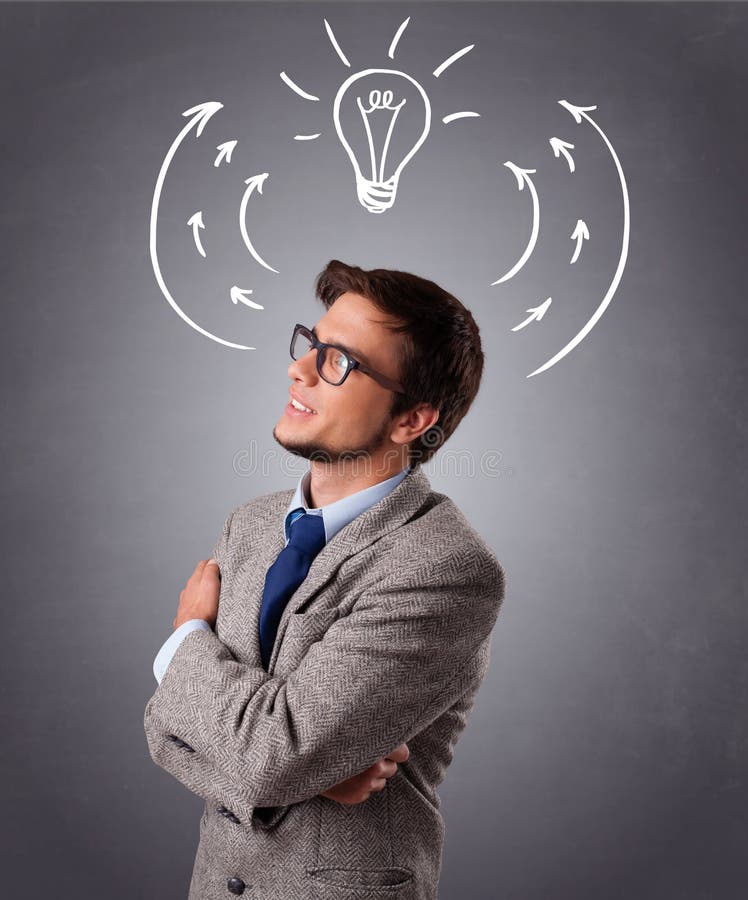 Young Man Thinking with Arrows and Light Bulb Overhead Stock Image ...