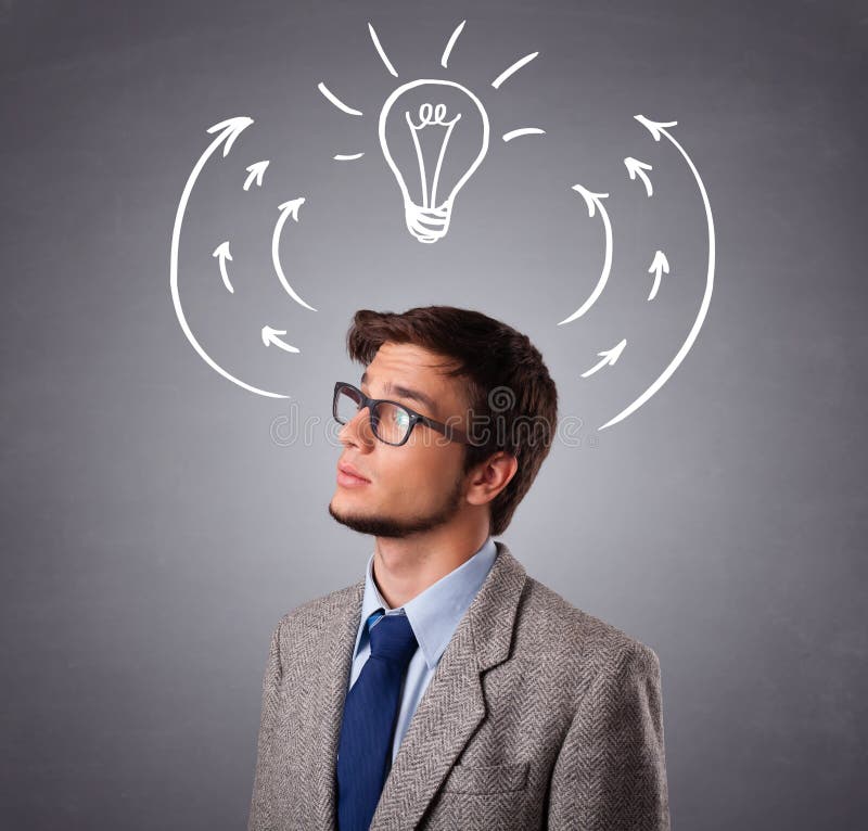 Young Man Thinking with Arrows and Light Bulb Overhead Stock Photo ...