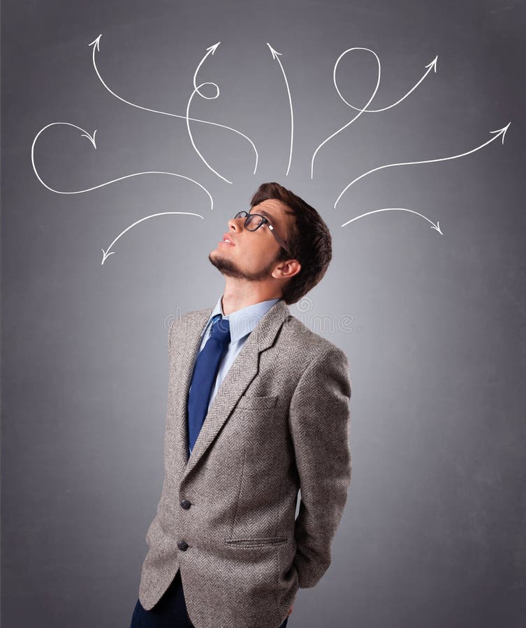 Young Man Thinking with Arrows Overhead Stock Image - Image of idea ...