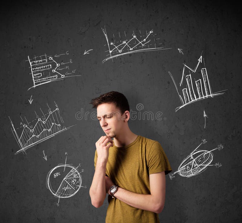 Young Man Thinking with Charts Circulation Around His Head Stock Image ...