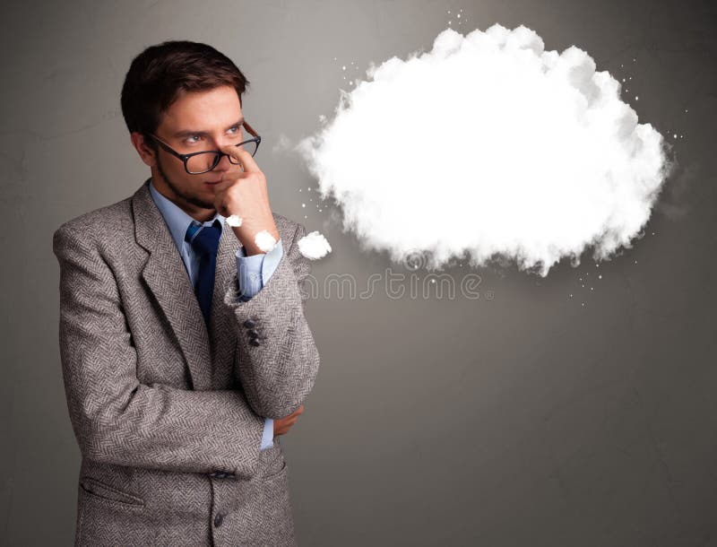 Young Man Thinking about Cloud Speech or Thought Bubble with Cop Stock ...
