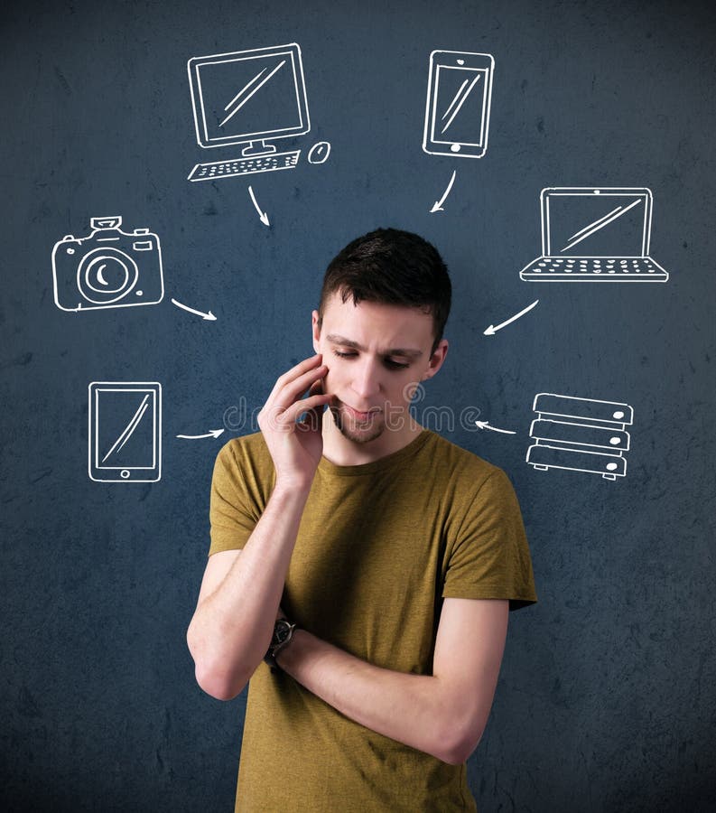 Young Man Thinking with Drawn Gadgets Around His Head Stock Photo ...