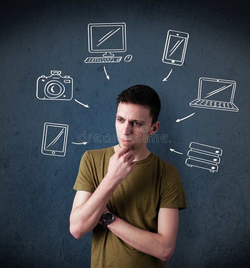 Young Man Thinking with Drawn Gadgets Around His Head Stock Photo ...