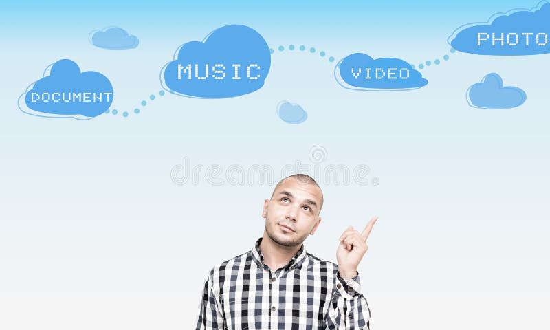 Young Man Thinking How To Use Cloud. Stock Image - Image of desktop ...