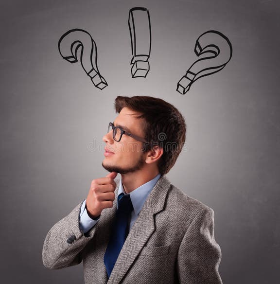 Young Man Thinking with Question Marks Overhead Stock Image - Image of ...