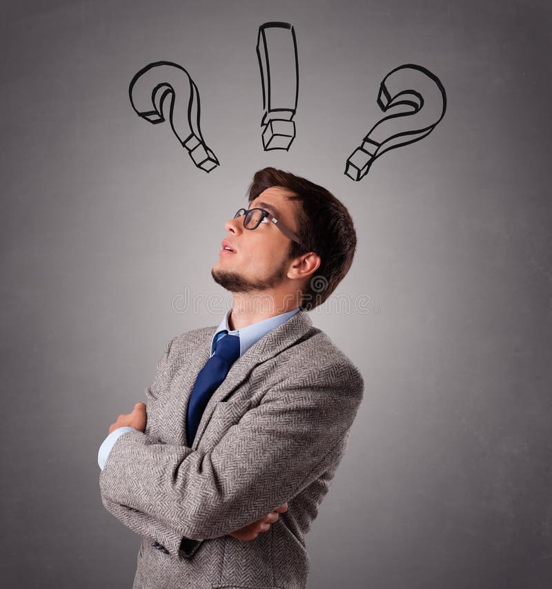 Young Man Thinking with Question Marks Overhead Stock Image - Image of ...