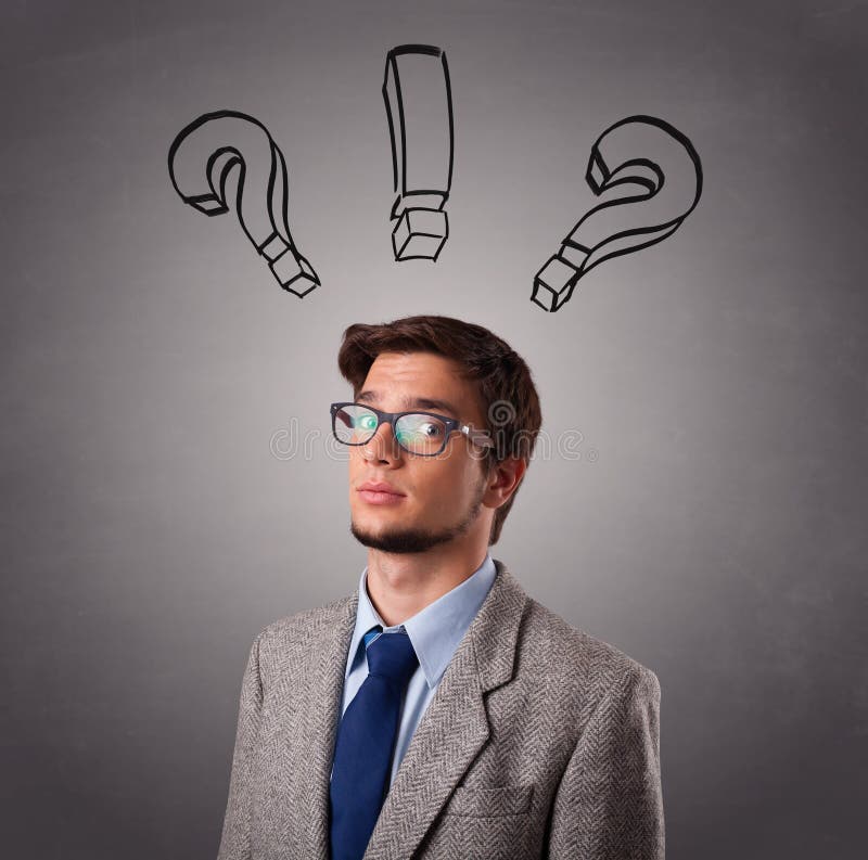 Young Man Thinking With Question Marks Overhead Stock Image - Image of ...