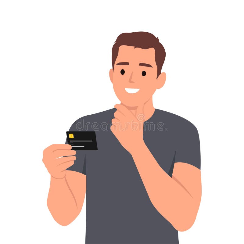 Young Man Thinking about Using Black Credit Card. he is Holding Credit ...