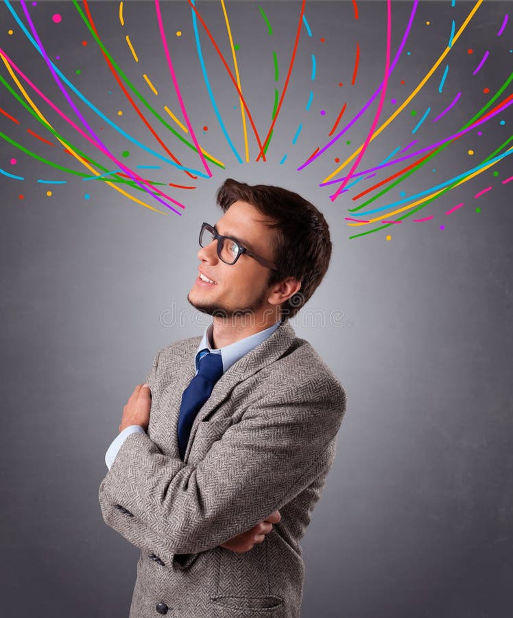 Young Man Thinking Wiht Colorful Abstract Lines Overhead Stock Photo ...