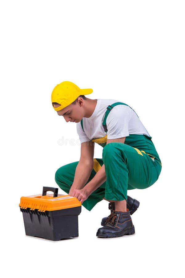 The Young Man with Toolkit Toolbox Isolated on White Stock Photo ...