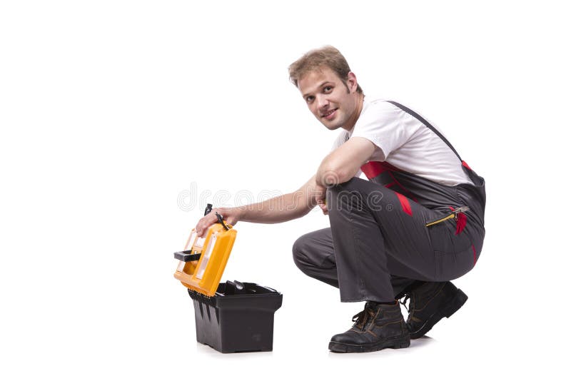 The Young Man with Toolkit Toolbox Isolated on White Stock Photo ...
