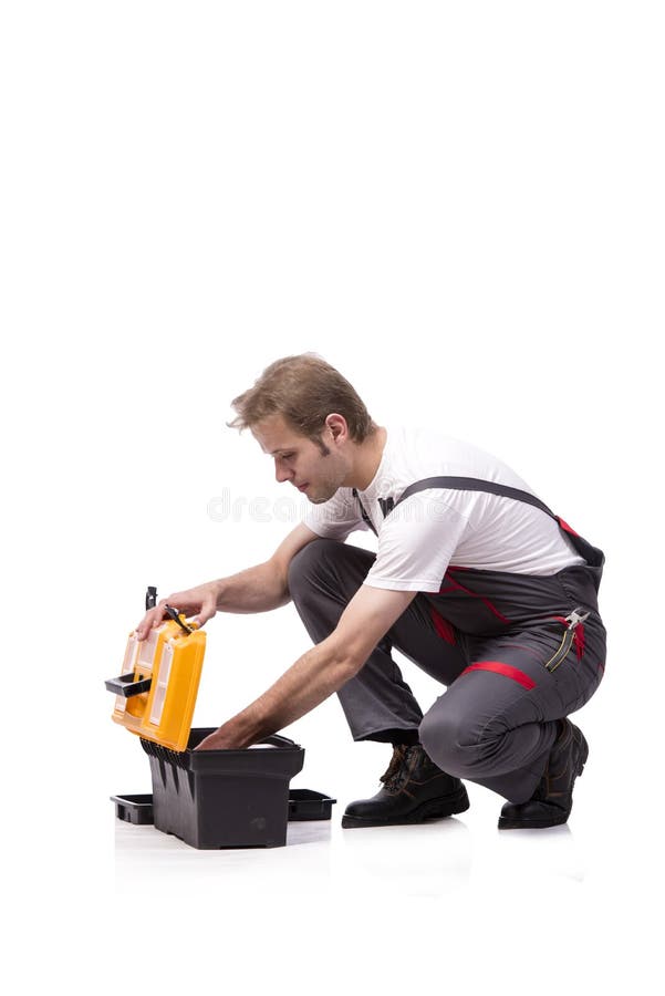 The Young Man with Toolkit Toolbox Isolated on White Stock Image ...